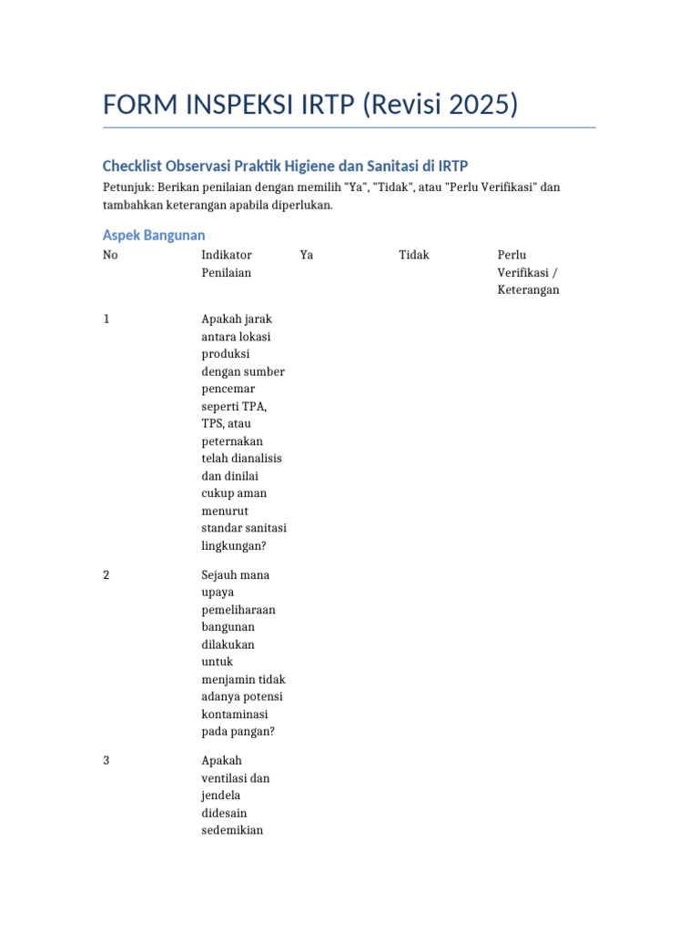 Checklist Inspeksi Higiene IRTP 2025 | PDF