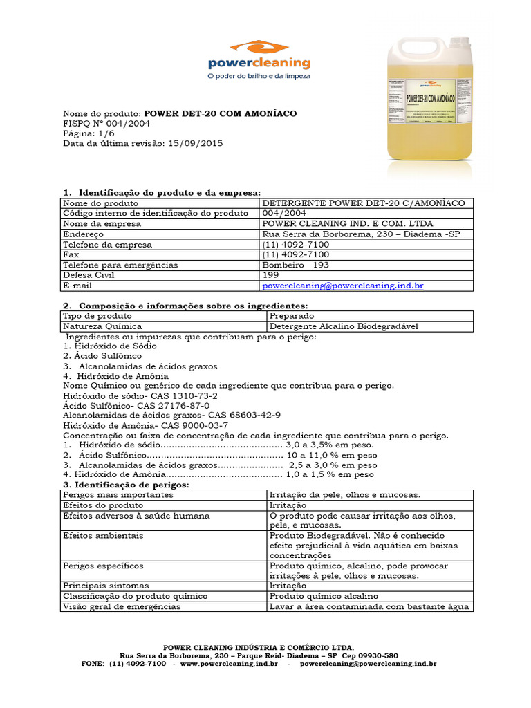 Ficha de Segurança do Detergente POWER DET-20 | PDF | Amônia | Solubilidade