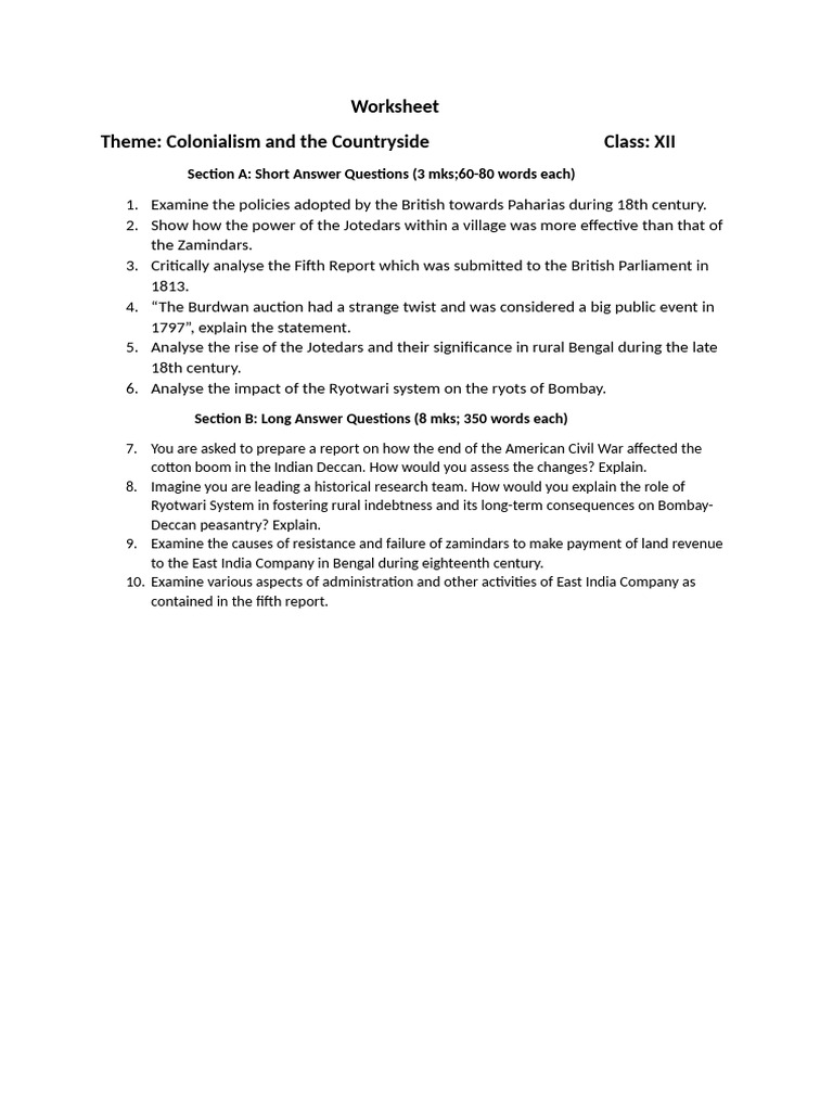 Theme 9-Colonialism and The Countryside - Worksheet | PDF