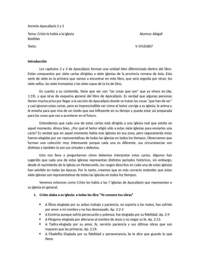 Sermon Abigail Bastidas Apoc 2 y 3 | PDF | Libro de revelación | Cristo ...