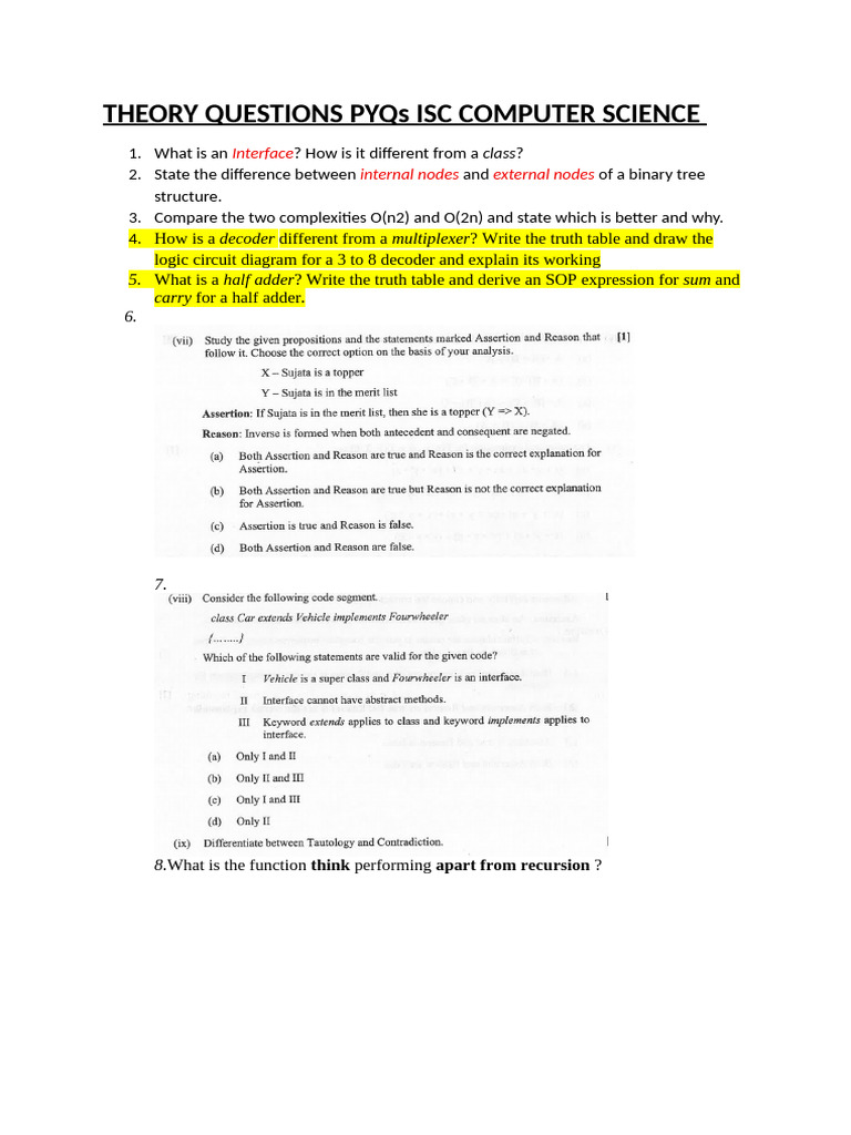 Theory Questions Pyqs Isc Computer Science | PDF