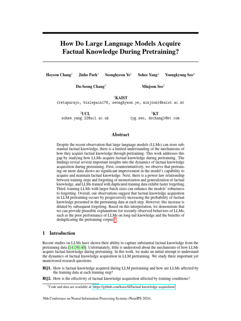 How Do Large Language Models Acquire Factual Knowledge During Pretraining? | PDF | Cognition ...
