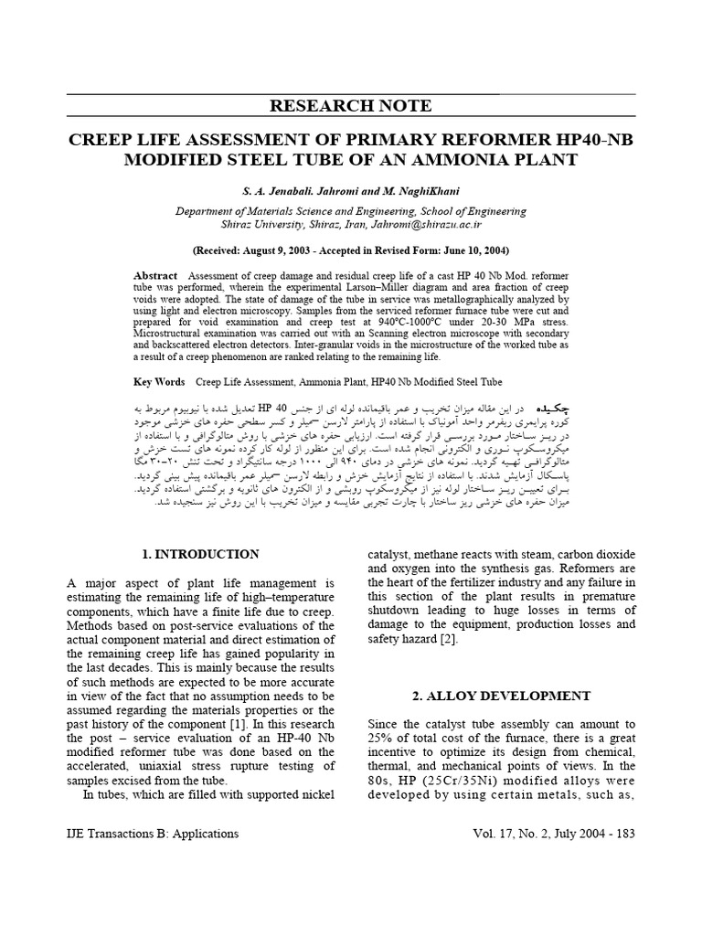 Creep Life Assessment of Primary Reformer Hp40-Nb | PDF | Creep ...