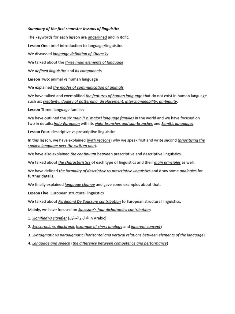 Summary of The First Semester Lessons | PDF