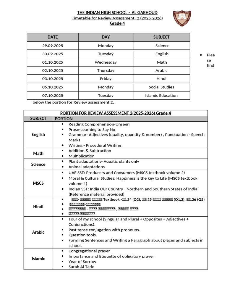Grade 4 Review Assessment Timetable | PDF | Linguistic Typology | Syntax