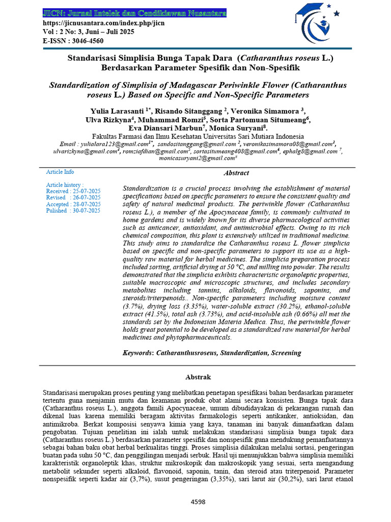 Standarisasi Simplisia Bunga Tapak Dara (L.) Berdasarkan Parameter ...
