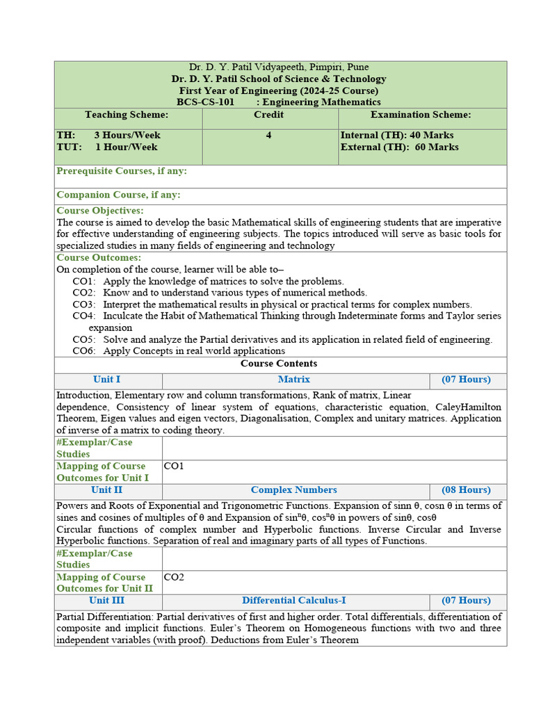 Engineering Mathematics Course Outline | PDF | Matrix (Mathematics ...