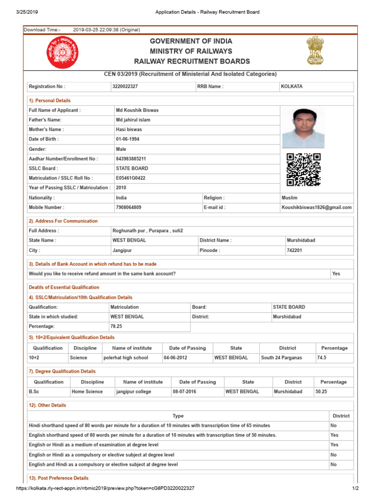 RRB Kolkata Application Details 2019 | PDF