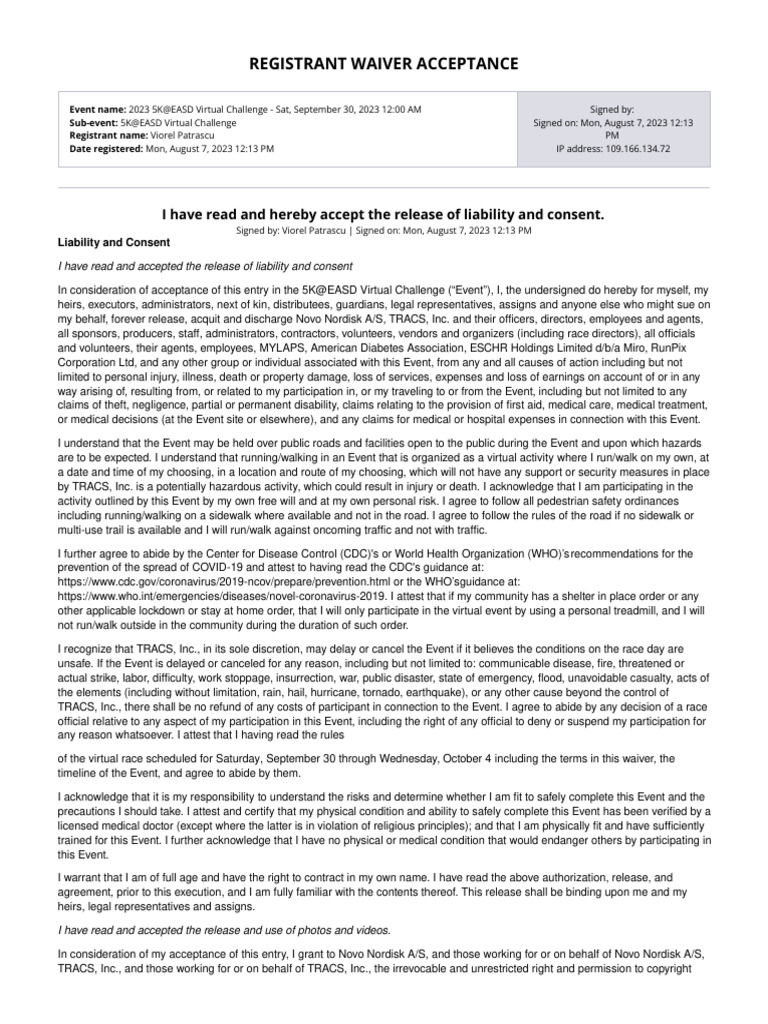 2023 5K@EASD Waiver and Consent Form | PDF | Centers For Disease ...