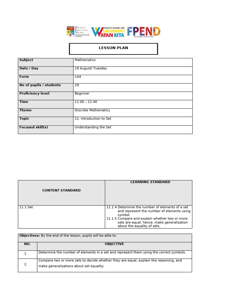 Intro to Sets: Discrete Math Lesson Plan | PDF | Teachers | Lesson Plan