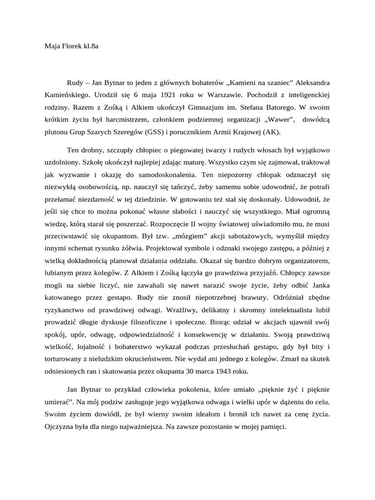 Charakterystyka Jana Bytnara - Rudy | PDF