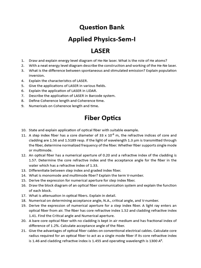 Applied Physics Question Bank: LASER & Fiber Optics | PDF | Optical ...
