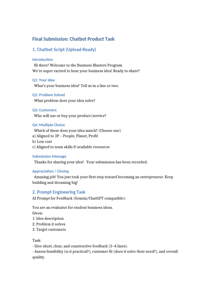 Final Submission Chatbot Product Task | PDF