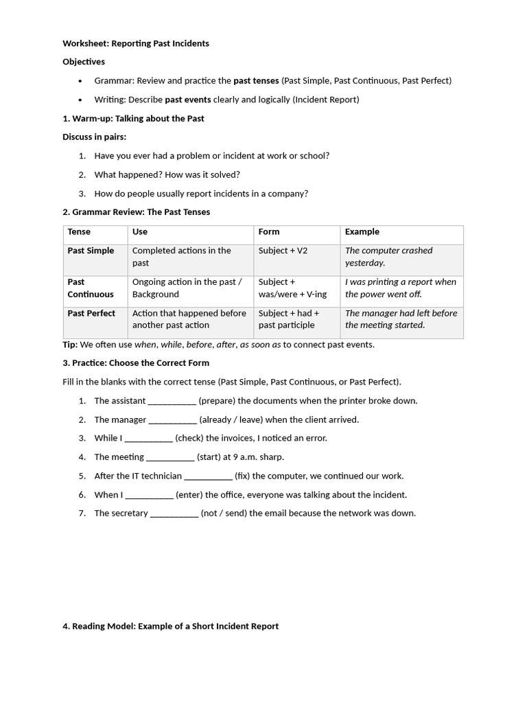 Past Incident Reporting Worksheet | PDF | Grammatical Tense | Perfect ...