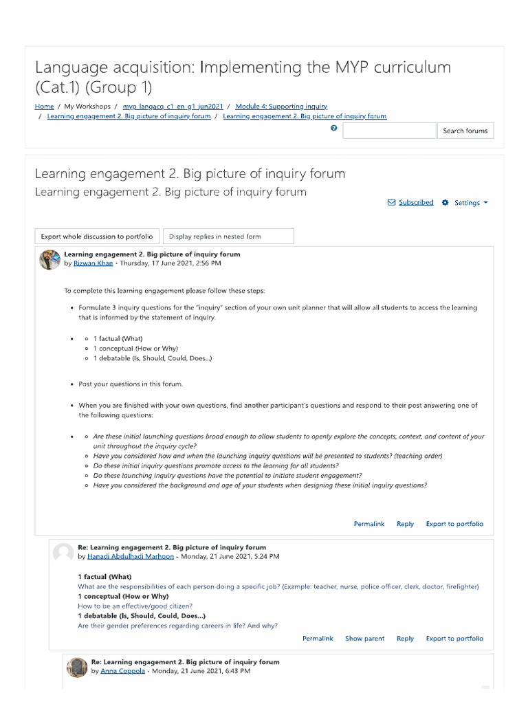 Module 4 Supporting Inquiry Learning Engagement 2. Big Picture of Inquiry Forum | PDF