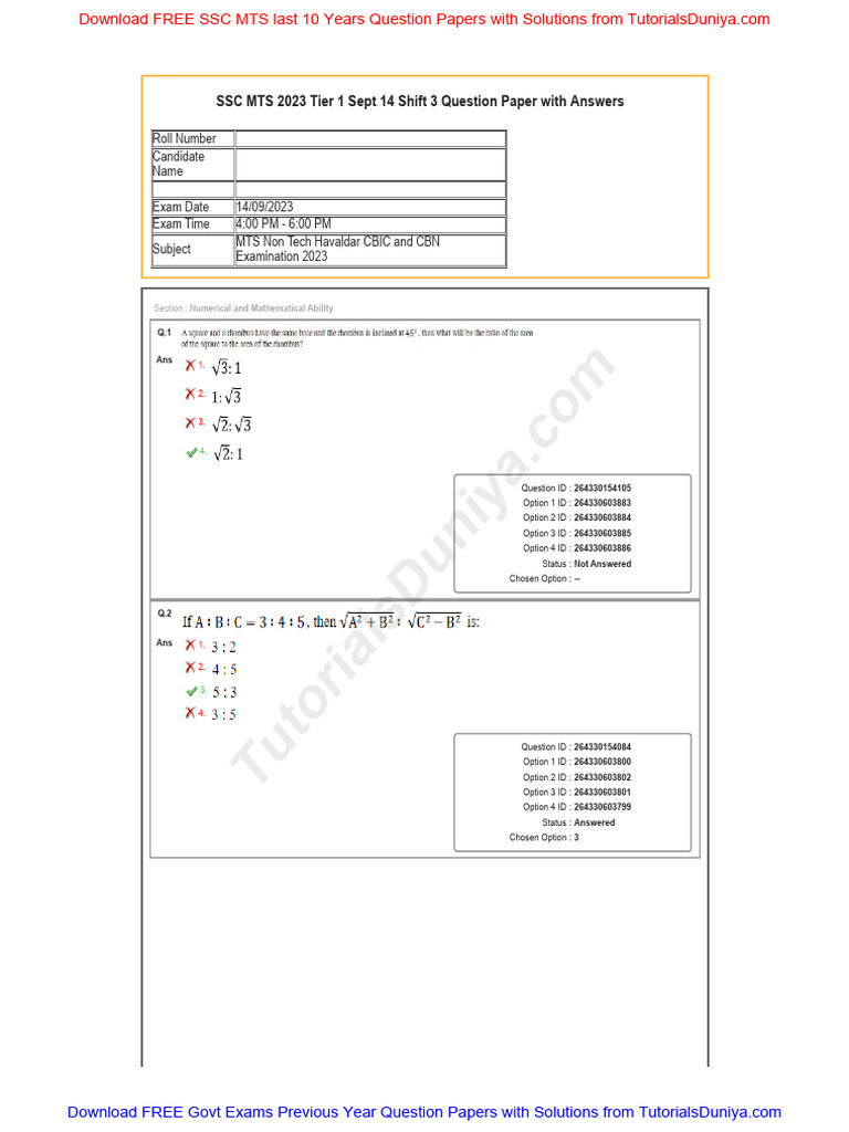 SSC MTS Question Paper 14 Sep 2023 Shift 3 | PDF