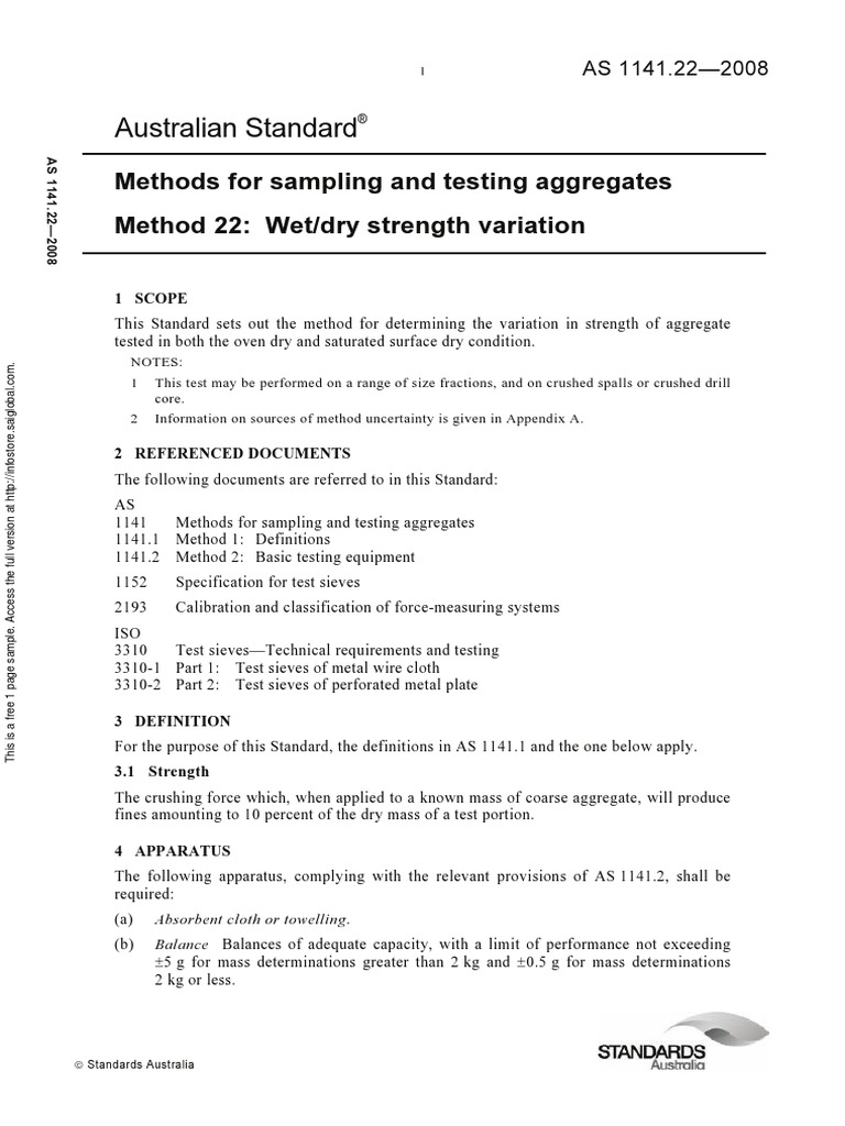 As 1141.22-2008 Methods For Sampling and Testing Aggregates Wet Dry ...