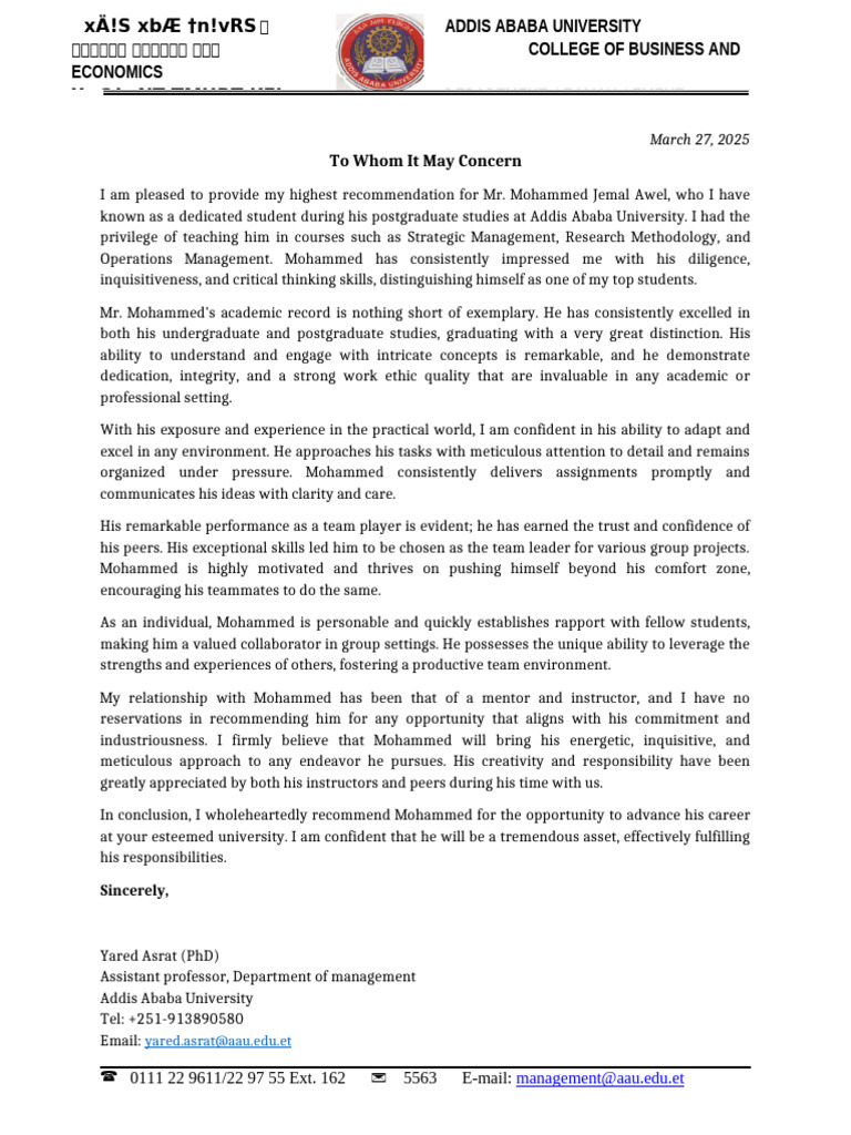 Dr. Habtamu Endris Recommendation | PDF | Cognition | Social Psychology