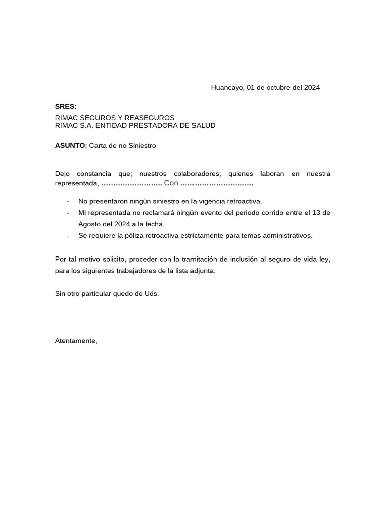 Carta de No Siniestralidad | PDF