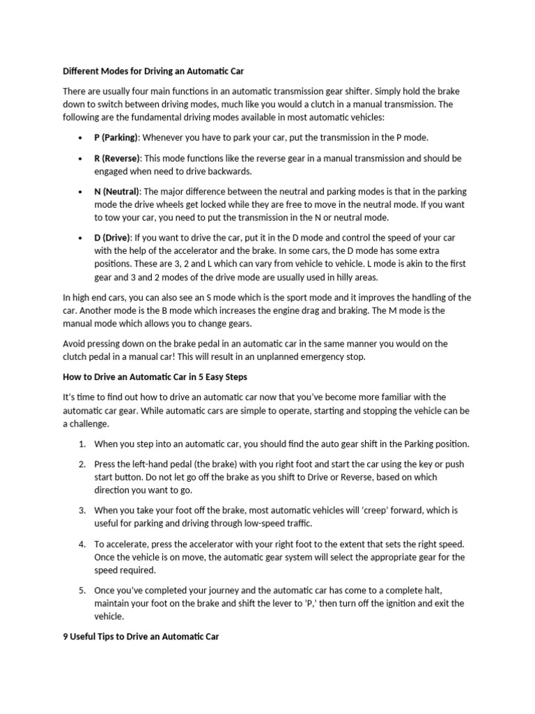 Different Modes For Driving An Automatic Car | PDF | Manual ...