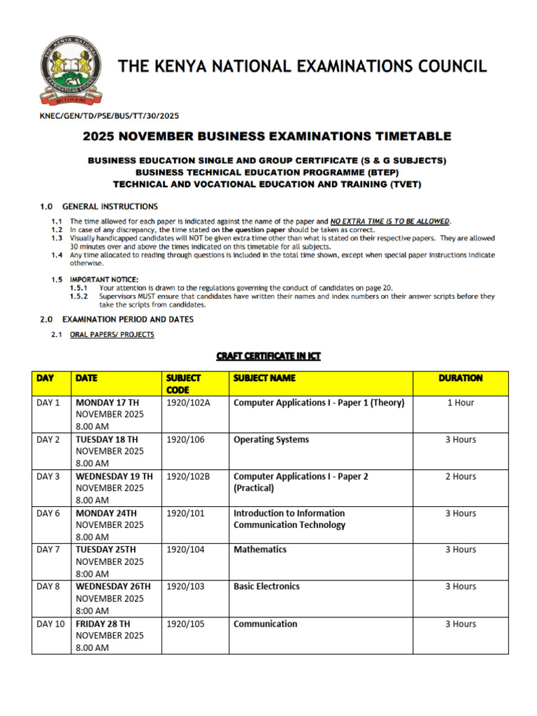 Cict 2025 November Business Examinations Timetable | PDF