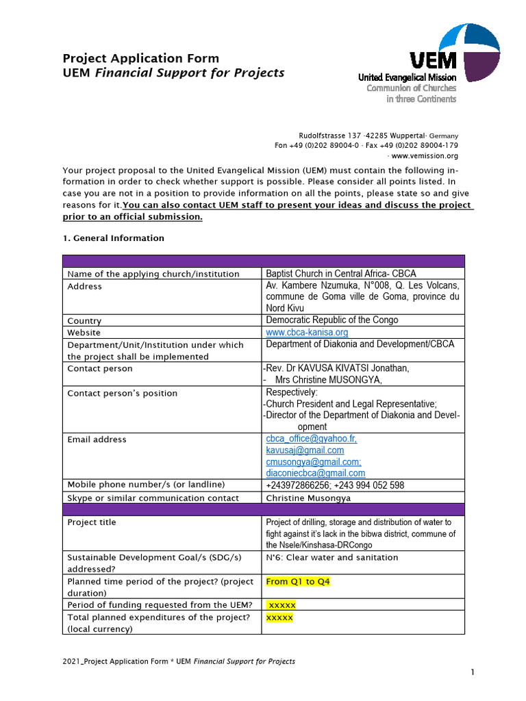 UEM Project Application: Water Access DRC | PDF