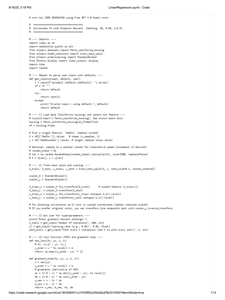 LinearRegression - Ipynb - Colab | PDF | Mean Squared Error | Applied Mathematics