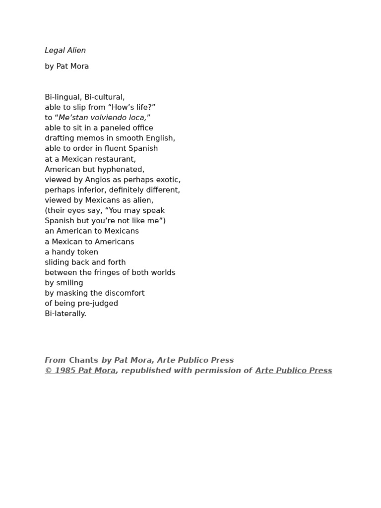 Legal Alien: A Poem by Pat Mora | PDF