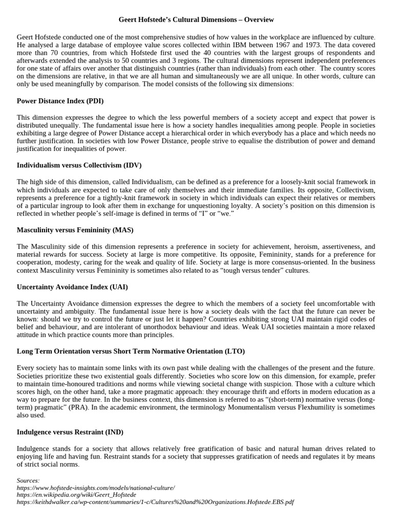 Hofstede's Cultural Dimensions Explained | PDF | Psychological Concepts ...