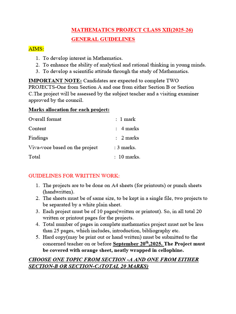 Class XII Mathematics Project Guidelines | PDF | Function (Mathematics ...