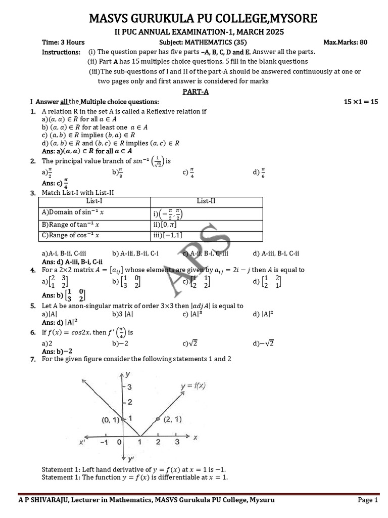 II PUC Mathematics Exam Paper 2025 | PDF | Function (Mathematics ...