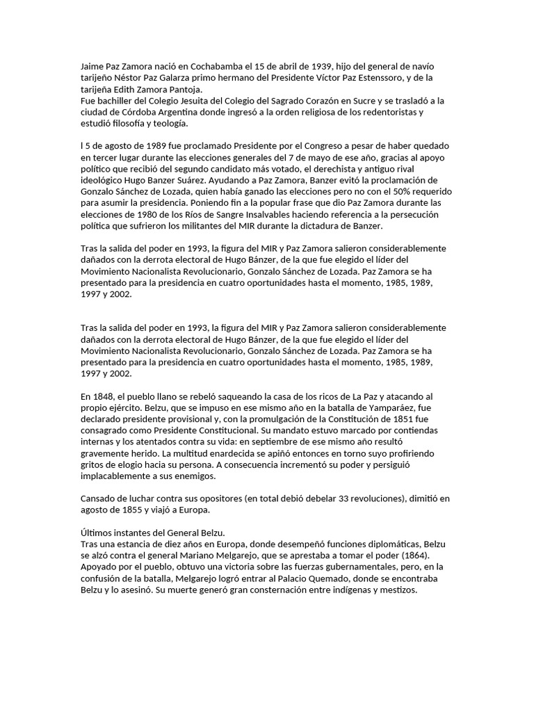 Jaime Paz Zamora: Historia Política en Bolivia | PDF