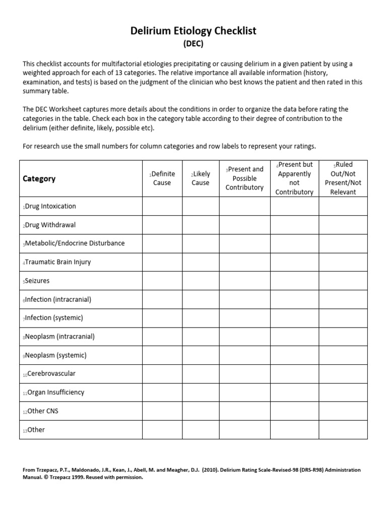Delirium Etiology Checklist Guide | PDF | Stroke | Neurological Disorders