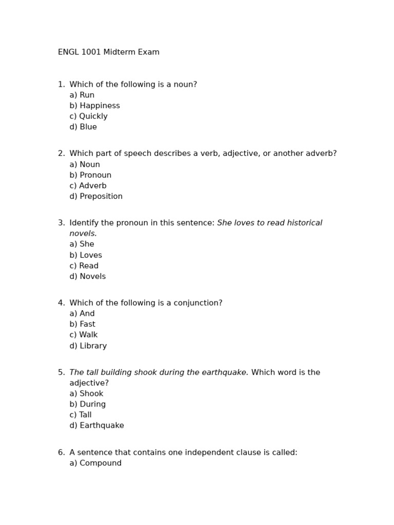 ENGL 1001 Midterm Exam Questions | PDF | Subject (Grammar) | Verb