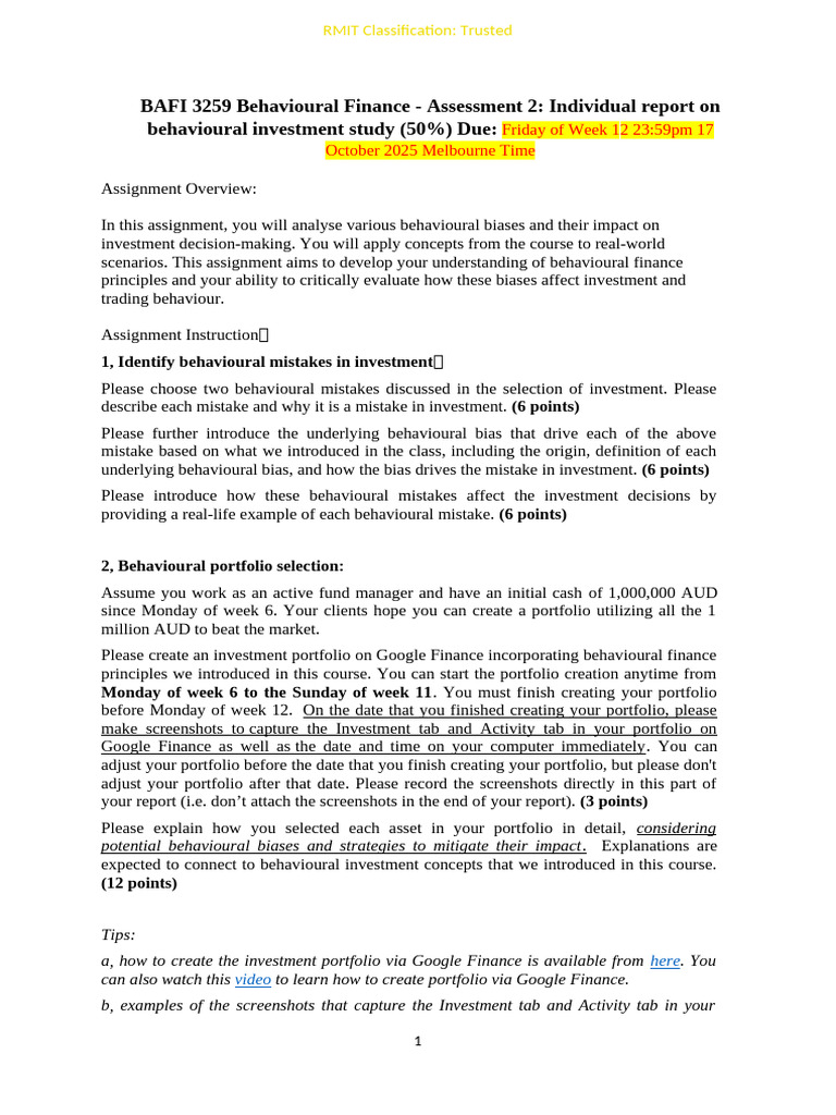 Assessment 2 - Individual Assignment - 2025s2-1 | PDF | Behavioral Economics | Investing