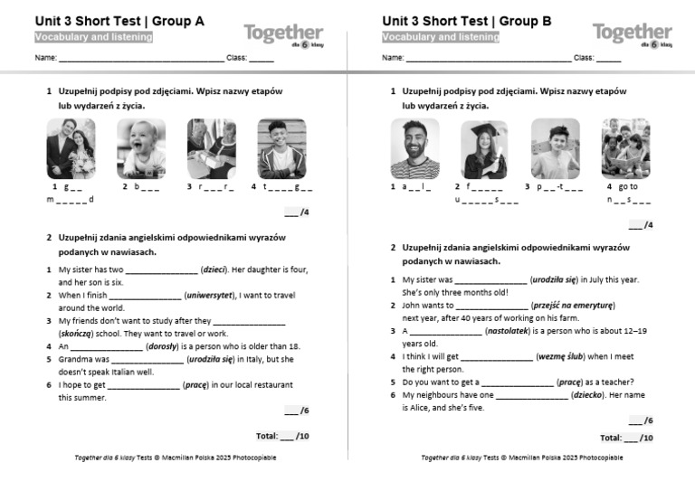 Together kl6 Short Test U3 Vocabulary and Listening AB | PDF