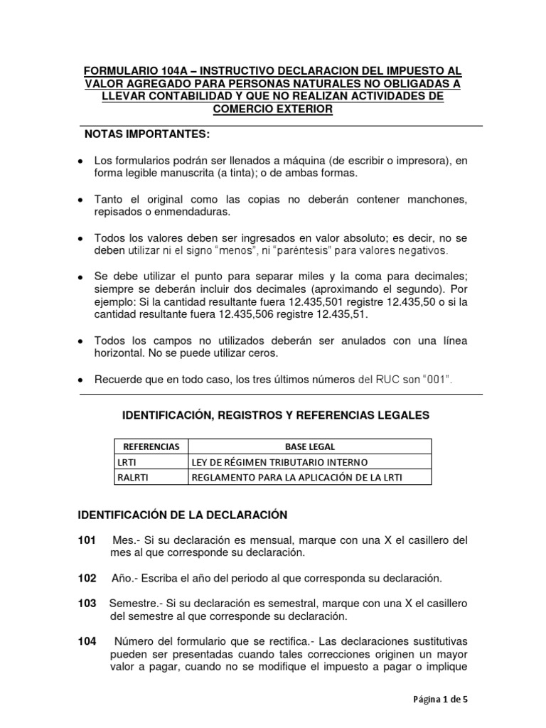 INSTRUCTIVO FORMULARIO 104A | Impuesto al valor agregado | Impuestos