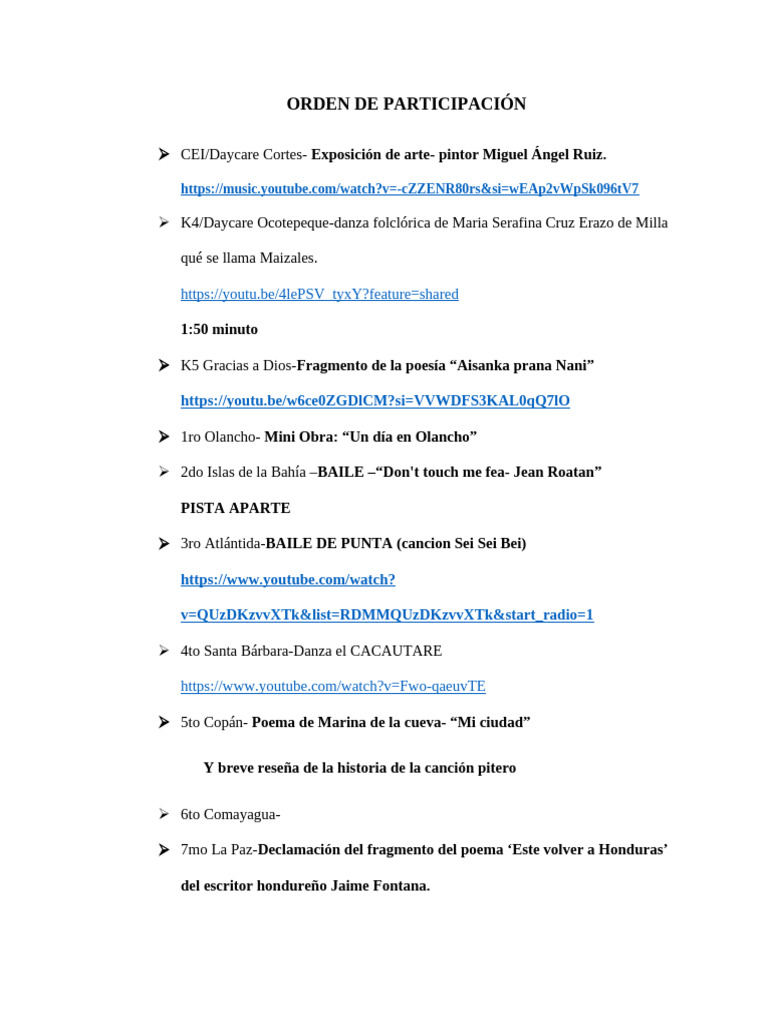Orden de Participación-Feria Catracha - Ms Yuri | PDF