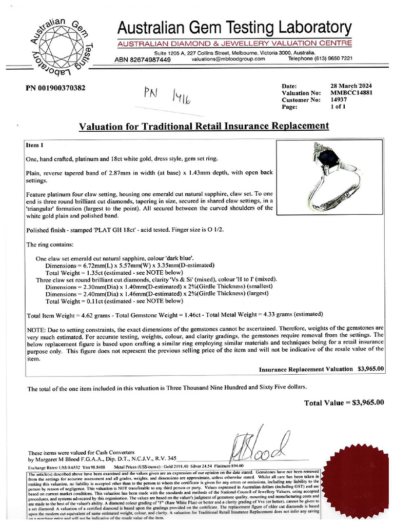 3965 Valuation Certificate 001900370382 | PDF