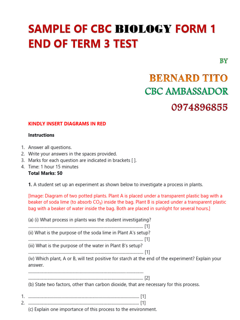 Sample of CBC Biology Form 1 End of Term 3 Test | PDF | Leaf | Soil