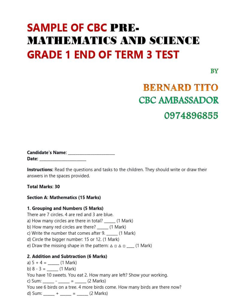 Sample of CBC Pre-Mathematics and Science Grade 1 End of Term 3 Test | PDF