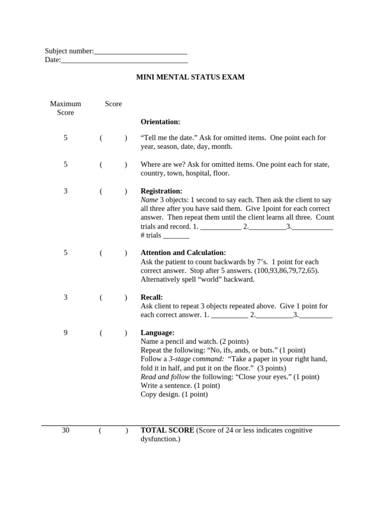 Mini Mental Status Exam Template | PDF