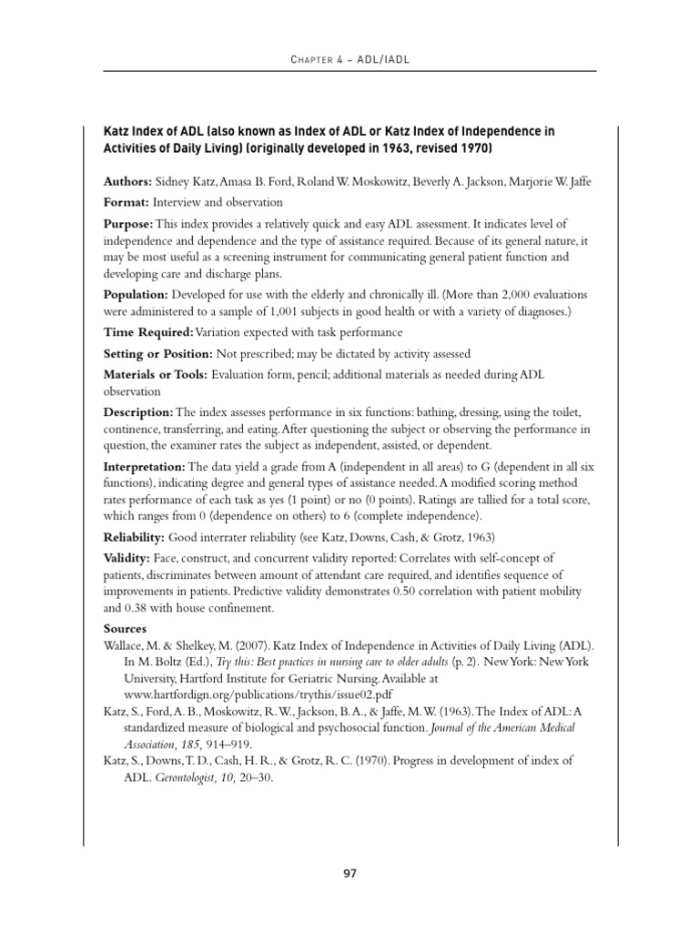 Katz Index of ADL Assessment Tool | PDF | Health Care | Clinical Medicine