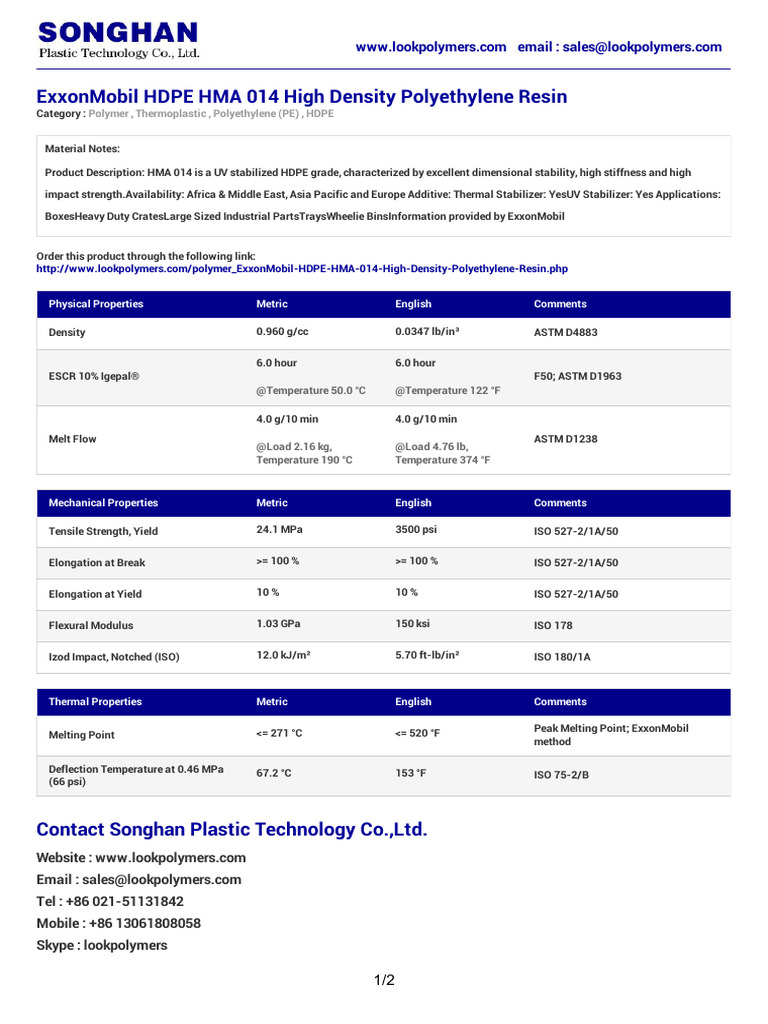 ExxonMobil HDPE HMA 014 High Density Polyethylene Resin | PDF ...
