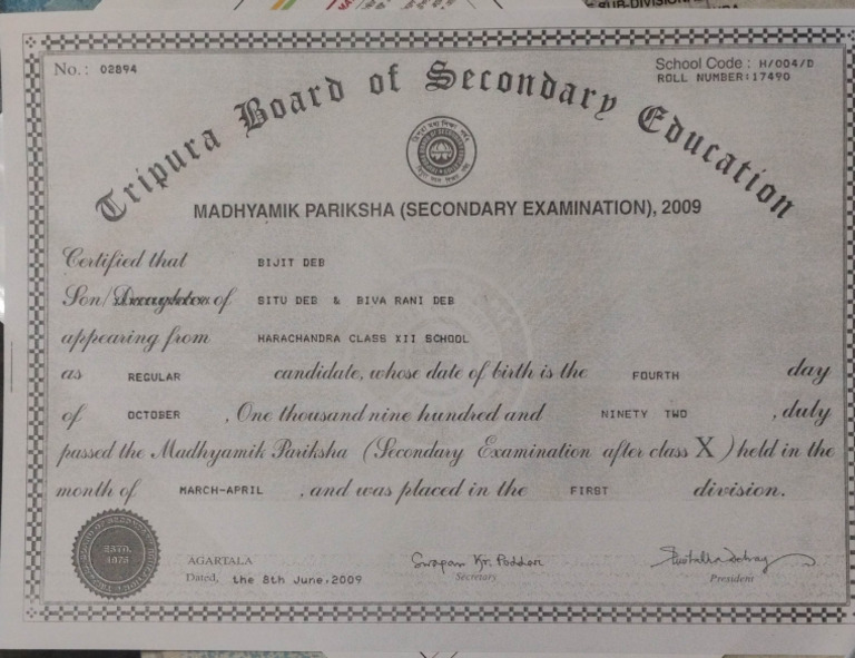 Madhyamik Pass Certificate | PDF