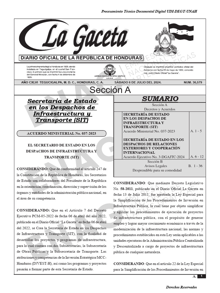 Publicación Diario Oficial La Gaceta | PDF | Honduras | Licencia de ...