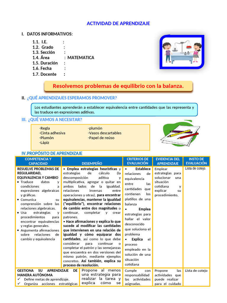 D2 A1 SESION MAT. Resolvemos Problemas de Equilibrio Con La Balanza ...