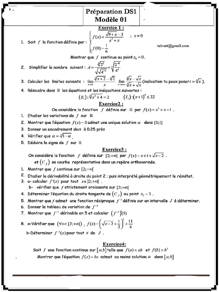 DS 1 S1 Avec Correction (Continuité + Dérivation) | PDF