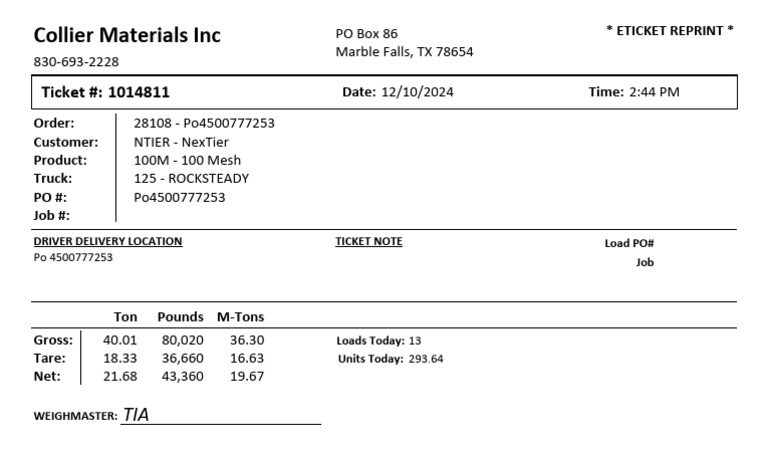 Collier Materials Inc: Ticket #: 1014811 | PDF