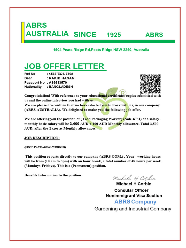 Orginal Rakib Hasan Job Offer Letter Australia Final | PDF